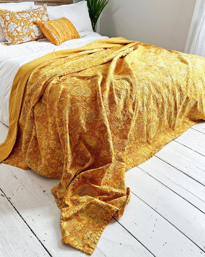Sunshine Yellow Floral Kantha Quilt | Hand Block Printed Cotton ...