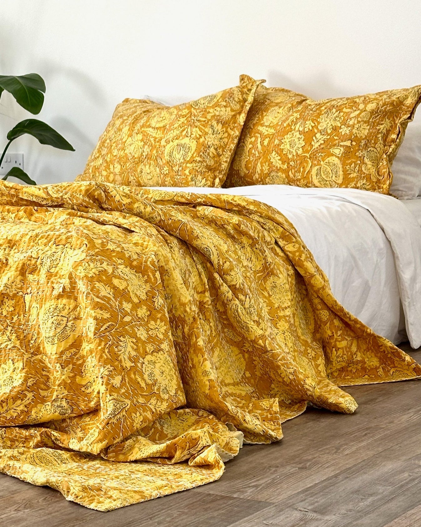 Sunshine Yellow Floral Kantha Quilt | Hand Block Printed Cotton ...